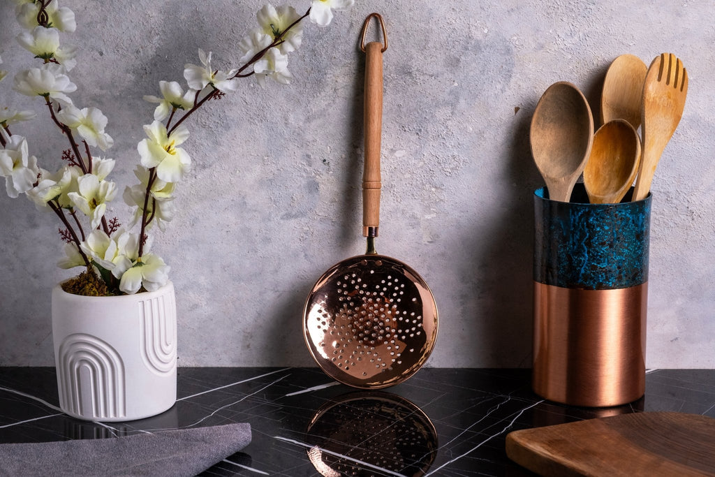 Handcrafted Copper Perforated Skimmer with Wooden Handle – Premium ...